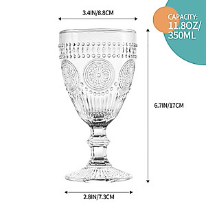 Wongblee Vintage Glass Goblets 11.8 Oz, Stemmed Wine Glasses, Embossed Drinking Glasses for Wine, Water, Juice, Beverage, Set of 6 (Style-B)