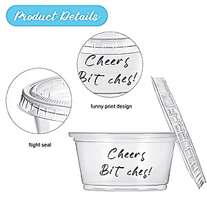 200 Pcs 2 oz Plastic Jelly Cup with Lids Small Containers and Stickers Syringes for Sauce, Bachelor Birthday Party(Cheers Bitches)