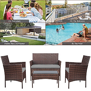 Homall 4 Pieces Patio Rattan Chair Wicker, Outdoor Indoor Use Backyard Porch Garden Poolside Balcony Furniture Sets (Grey)