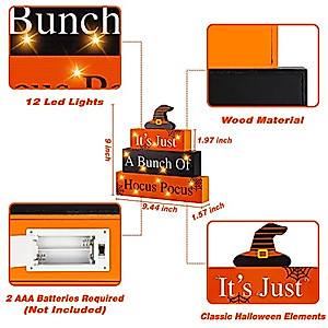 Halloween Wooden Block Sign with Led Lights- It's Just a Bunch of Hocus Pocus Witch Light up Wood Sign Decor for Table Mantle- Halloween Festive Haunted House Farmhouse Home Tabletop Tiered Tray Decor