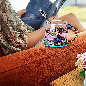 SHEEYEE Glass Coffee Mugs with Spoon, Enamel Butterfly Rose Flower Tea Cups with Decorative Handle Tea Sets for Women Gift 11 oz.(2 Sets)