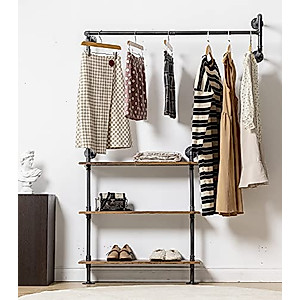Industrial Pipe Clothing Racks with Shelves, Wall Mounted Wood Clothes Racks, Heavy Duty Iron Pipe Garment Racks for Hanging Clothes, Industrial Retro Steampunk Closet Organizer for Home Retail Store