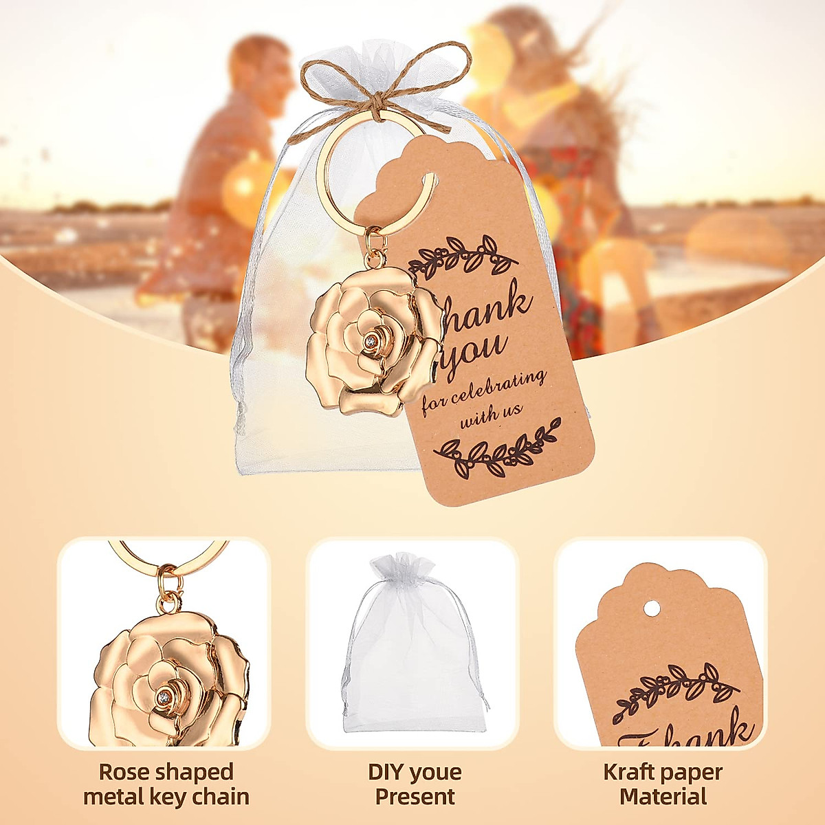 KaGrbves 50pcs Keychains/Keyrings for Baby Shower,Wedding or Bridal Shower Party Favors,Gift,Souvenirs to Guests Bulk with Gift Tags and White Bags(Rose flower)