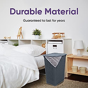 Wicker Laundry Hamper With Lid 50 Liter - Grey Laundry Basket 1.40 Bushel Durable Bin With Cutout Handles - Easy Storage Dirty Cloths in Washroom Bathroom, Or Bedroom. By Superio