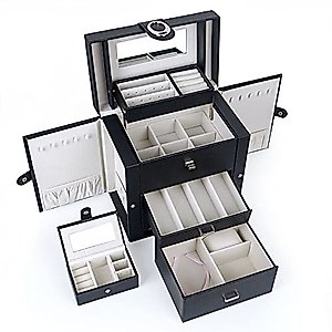 Kendal Jewelry Box for Women, Leather Jewelry Organizer with 2 Drawers and Mirror, Ideal Christmas Gifts for Girlfriend, Portable Mini Jewelry Case for Necklace, Ring, Jewelry LJC08BK