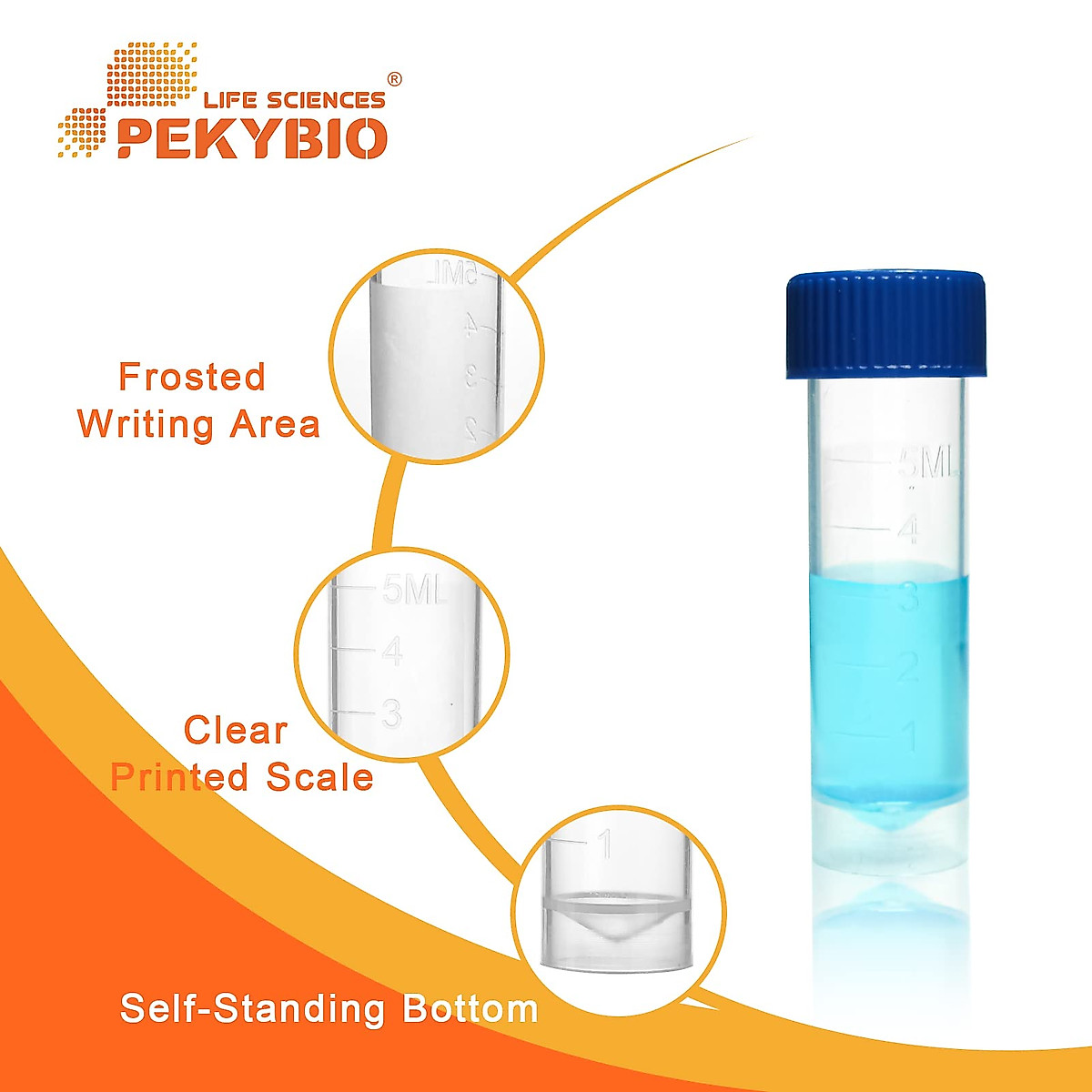 PEKYBIO Sterile Plastic Graduated Test Tubes 5ml Sample Storage Container with Screw Cap Self-Standing Lab Transport Tube, Case of 50