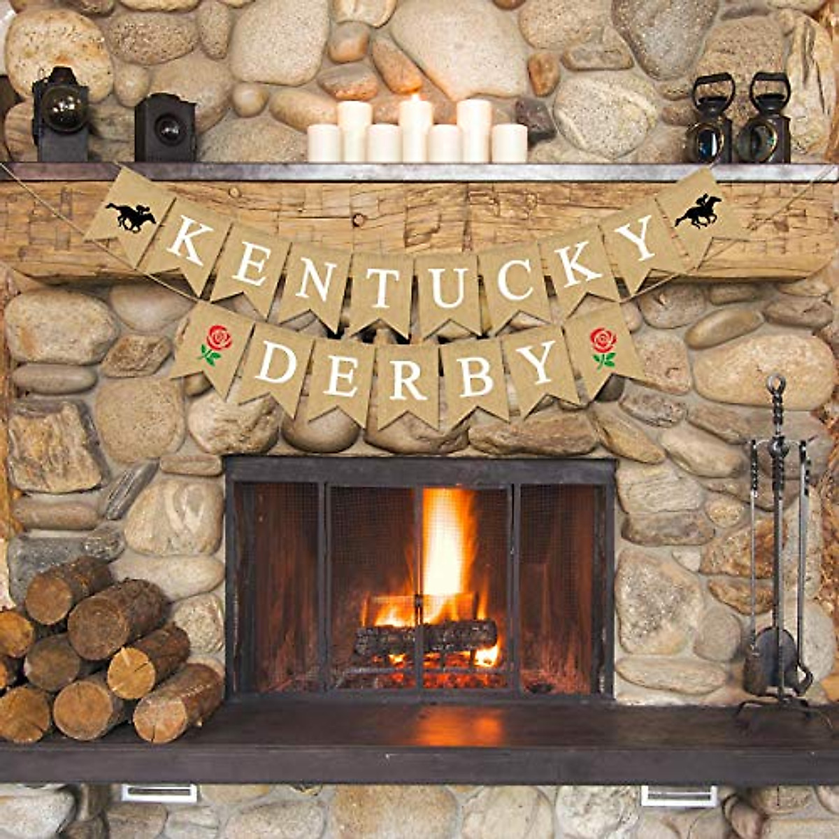 Pudodo Burlap Kentucky Derby Banner Horse Race Rose Party Fireplace Mantle Garland Decoration