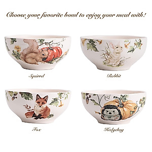 Bico Woodland Critters 24oz Ceramic Cereal Bowls, Set of 4, for Pasta, Salad, Cereal, Soup & Microwave & Dishwasher Safe