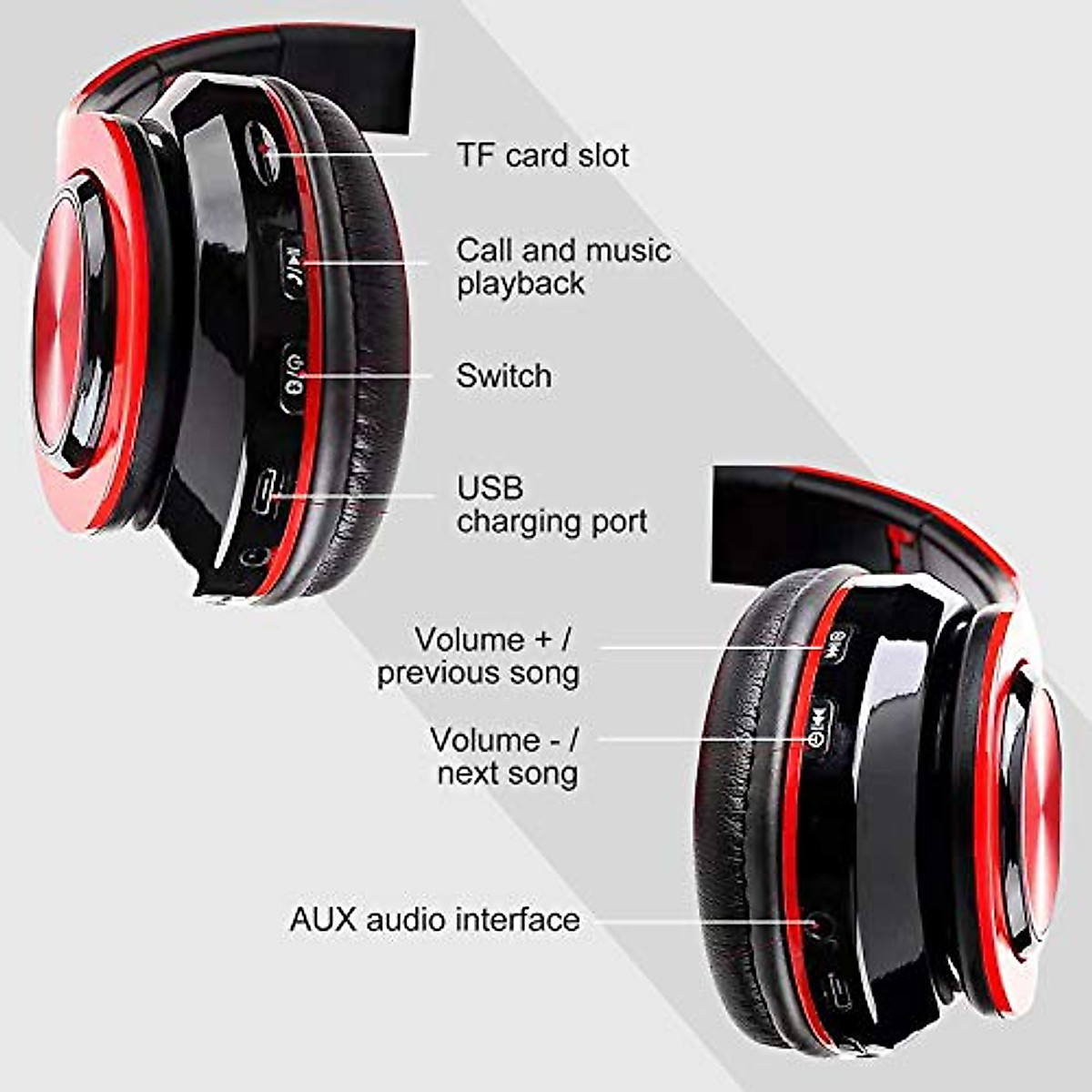 LFGKeng Wireless Bluetooth Headphones with Colorful LED Lights, Built-in Mic, Bluetooth 5.0, Foldable HiFi Stereo Deep Bass Headphones for Classroom/Home Office/PC/Mobile Phone/Kids Adult(Red Black)