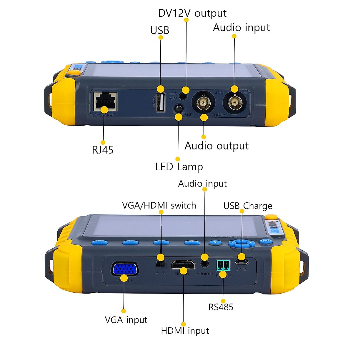 AHD CCTV Monitor Camera Tester IV8W 5 Inch 4-in-1 8MP AHD TVI 8MP CVI CVBS 1080P Coaxial HD Video Testerr Support RS485 PTZ Controller/UTP Cable Test/VGA HDMI Input/DC12V Output