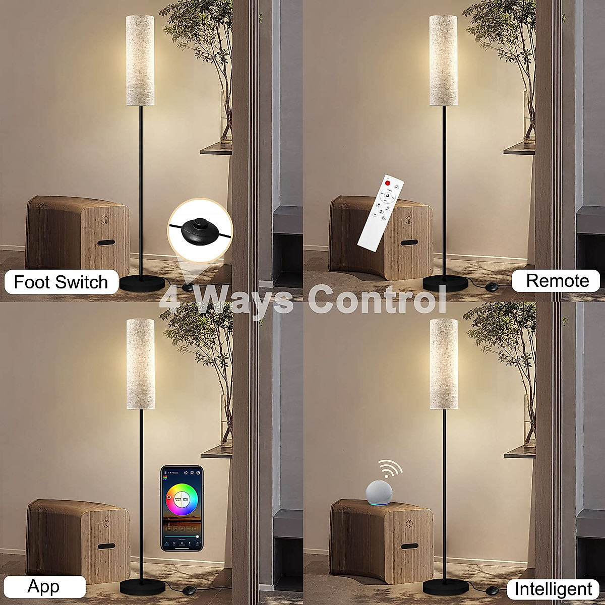 RGB Floor Lamp LED Smart: Standing Lamp Work with Alexa & Google Home | Tall Modern Bright Corner Lamps with Remote & WiFi APP for Living Room Bedroom Office Dorm, Simple Linen Lampshade Dimming Light