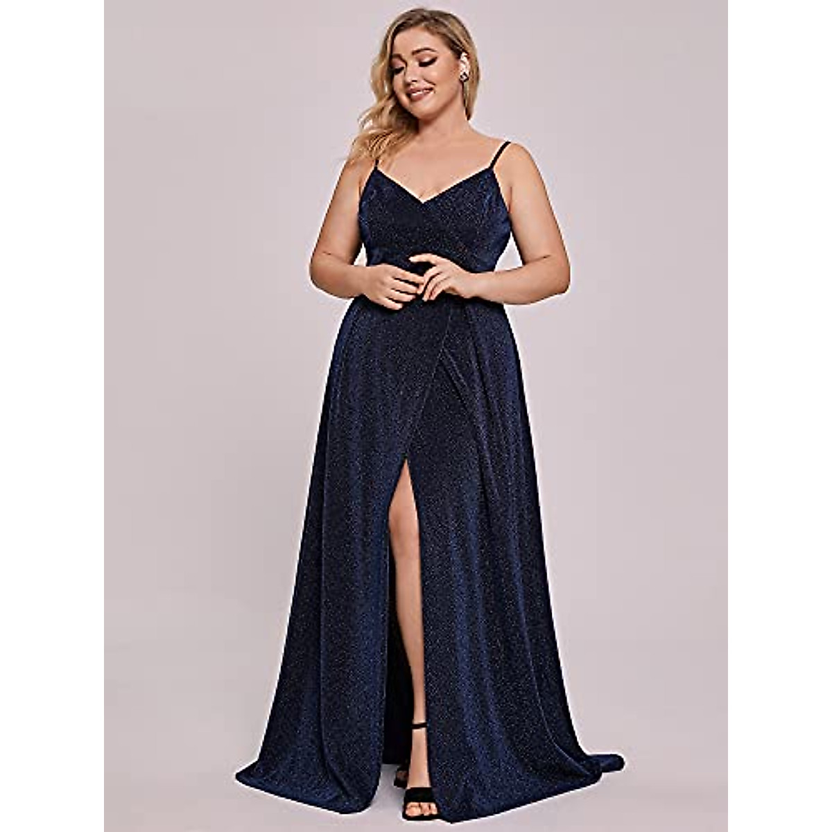 Ever-Pretty Women's Glitter Side Slit A-line Plus Size Evening Dresses for Party Navy Blue US16