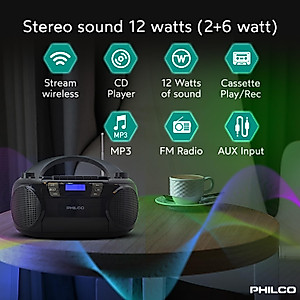 Philco Bluetooth CD Boombox with Cassette, MP3 CD USB Playback The Ultimate Retro Music Combo with Best Class Sound Performance, 12 watts, and Telescopic FM Antenna Provides Maximum Radio Reception