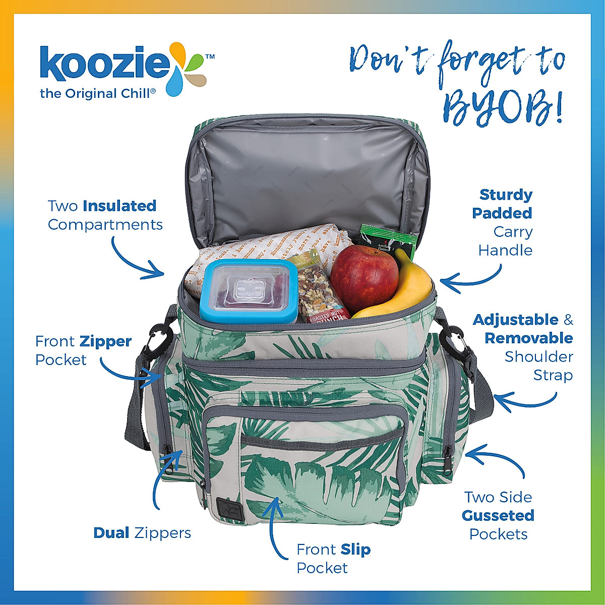 KOOZIE Dual Compartment Cooler Lunch Bag for Women - Large Double Decker Insulated Lunch Box with Removable Shoulder Strap - Resuable Lunch Tote for Work, Travel, Beach, Picnic (Tropical)