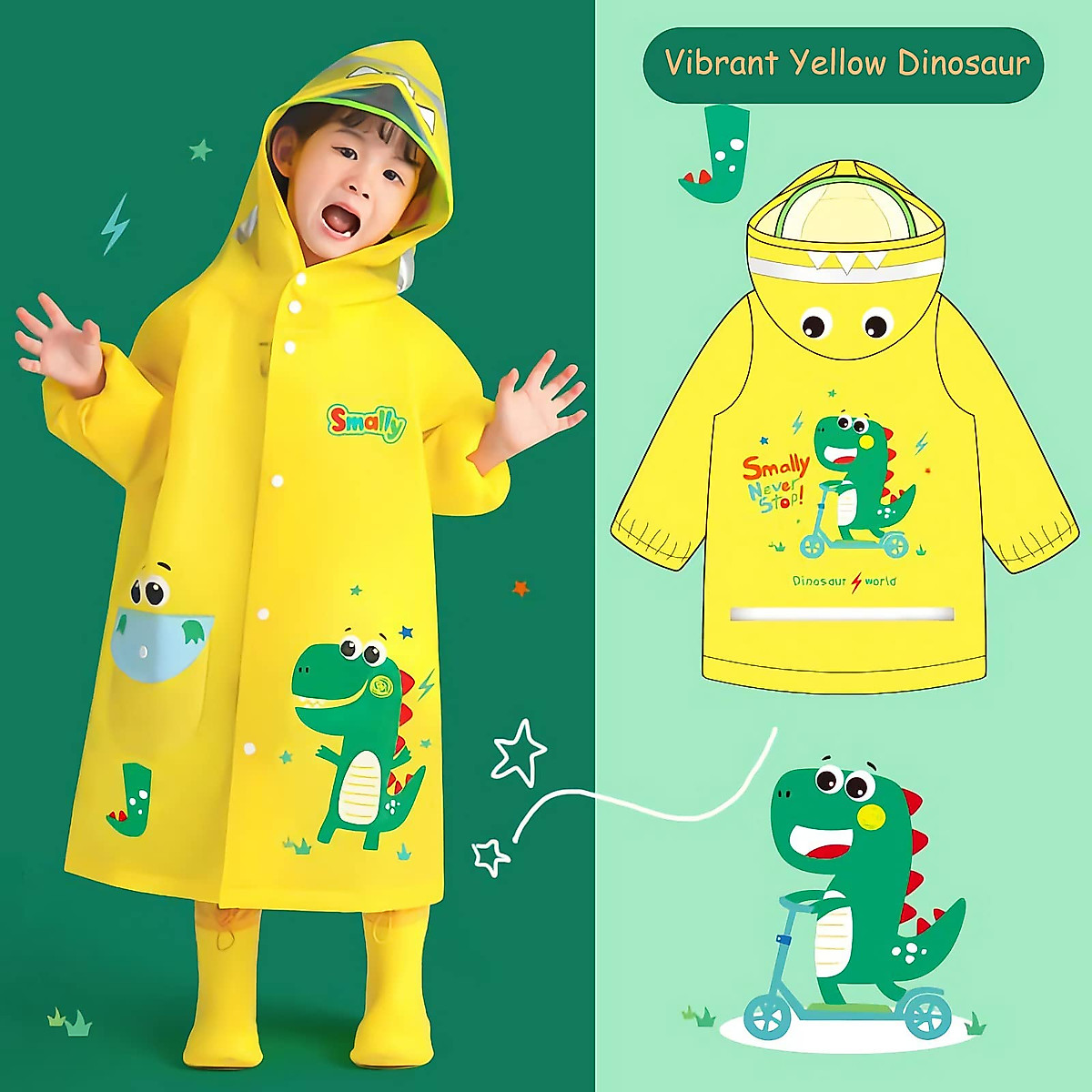 Kids Raincoat Boys Girls Rain Jacket Hooded Dinosaur Poncho Waterproof Coat Outdoor Sports,Yellow S, 2-3T
