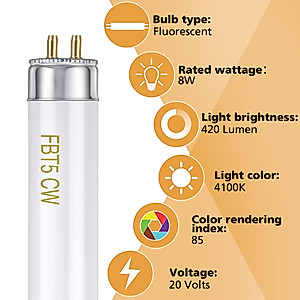 Hiboom 6 Pack F8T5 4100K Fluorescent Light Bulbs with G5 Mini Bi Pin Base, 12 Inches 8W Cool White T5 Tube Replacement for Under Cabinet Light, Kitchen, RV, Closet