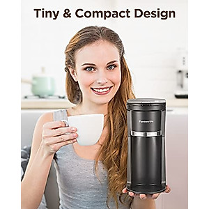 Famiworths Mini Coffee Maker Single Serve, Instant Coffee Maker One Cup for K Cup & Ground Coffee, 6 to 12 Oz Brew Sizes, Capsule Coffee Machine with Water Window and Descaling Reminder, Black