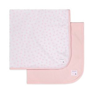 Burt's Bees Baby - Set of 2 Bee Essentials 1 Ply Blankets, 100% Organic Cotton (1 Solid + 1 Honeybee Print, Blossom) , 29x29 Inch (Pack of 2)