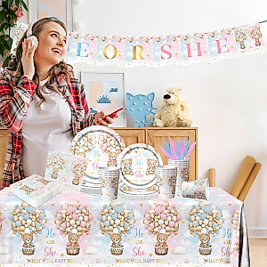 Gender Reveal Decorations, Bear Themed Gender Reveal Plates And Napkins for What Will Baby Be Pink Blue Baby Shower, He or She Gender Reveal Balloon Party Favors