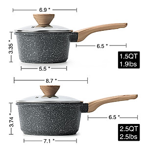 Kordisen Sauce Pan Set with Lid, 1.5QT & 2.5QT Non Stick Small Pot with Granite Coating, Saucepan with Pour Spout, Multipurpose Handy Induction Pot, Cooking Pot, PFOA/PFOS Free