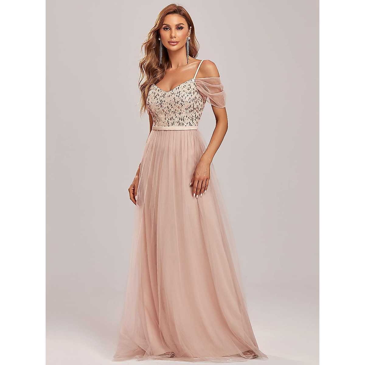 Ever-Pretty Womens Maxi Short Sleeves Straps V Neck A-line Tulle Bridesmaid Dress Rose Gold US14