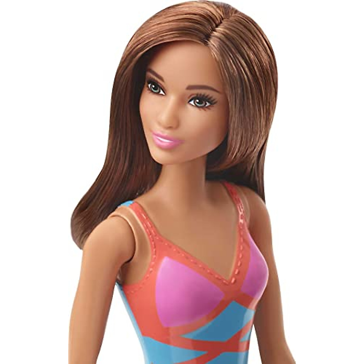 Barbie Doll, Brunette, Wearing Blue, Pink and Orange Swimsuit, for Kids 3 to 7 Years Old