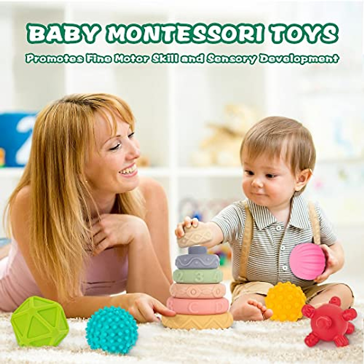 Springflower 3 in 1 Montessori Toys for Babies 0-3-6-12 Months, Soft Baby Teething Toys, Stacking Building Blocks for Infants, Sensory Developmental Education Toys for Toddler Baby 12-18 Months,23 PCS