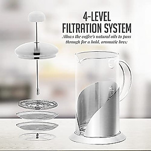 OVENTE French Press Coffee Maker 20 Ounce, 4 Level Stainless Steel Filter System, Borosilicate Heat Resistant Glass Carafe with Free Measuring Scoop, Silver FSL20S