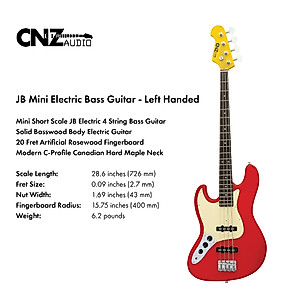 CNZ Audio JB Mini Electric Bass Guitar Left Handed - Fiesta Red Body, Maple Neck, Rosewood Fingerboard & 3-Ply Ivory Pickguard, 28.6" Short Scale Premium Pickups, Vintage Steel Bridge & Tuners