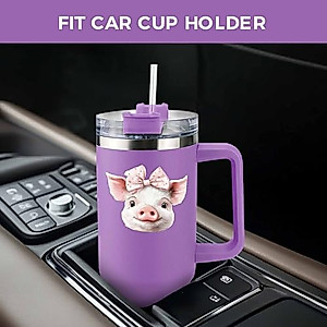 LB LEOBON 40 ounce insulated cup with handle, double-layer vacuum stainless steel material, equipped with straw, can keep warm or maintain cold drinks Pink Piggy Bow Deep purple