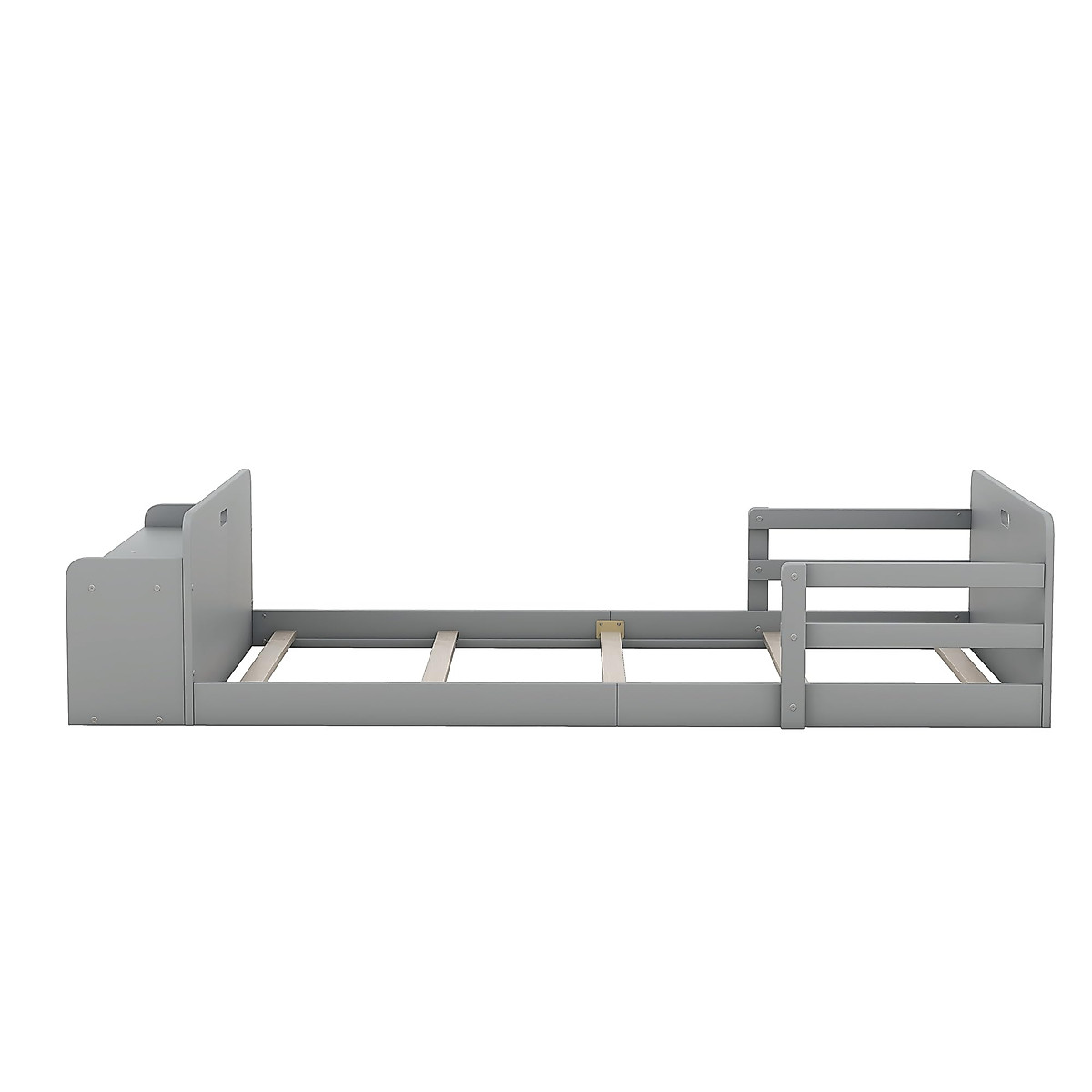 Harper & Bright Designs Twin Size Floor Bed with Storage Footboard and Guardrail, Wood Floor Bed Frame with Solid Wood Slats,Twin Bed Frame for Kids Girls Boys,Gray