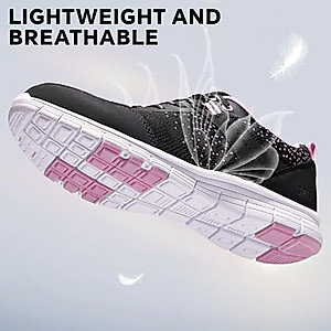 SPIEZ Lightweight Composite Toe Safety Shoes for Women, Non-Slip Puncture Proof Work Shoes for Ladies, Breathable Safety Toe Sneakers for Work and Daily Wear (Women Size 7) Black-Pink