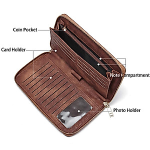 CLUCI Women Wallet Large Leather Zip Around Card Holder Travel Clutch Wristlet Two-toned Brown Bundles with Women Backpack Purse Leather Large Travel Bag Ladies Shoulder Bags Red-Brown