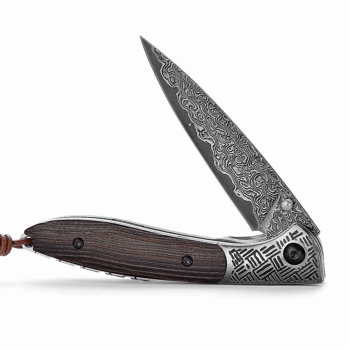 TRIVISA 3.15" Handmade Damascus Folding Pocket Knife，EDC Knives Gift for Men，Tree Texture Ebony wood Handle，Ceramic Bearings，Thumb Stud, Steel Bolster, Liner Lock.Piscis Austrinus-01E