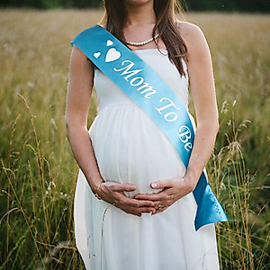 Baby Shower Maternity Sash Belly Belt, Mom to Be & Dad to Be Button Pin, Pregnancy Maternity Flower Sash Belt for Gender Reveal (Blue Baby Boy)