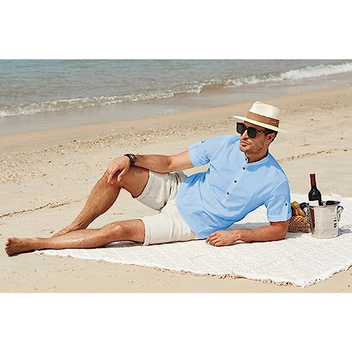 JMIERR Mens Casual Cotton Linen Texture Henley Shirt Short Sleeve Button Down Shirt Summer Beach Tropical Cruise Shirts US 40(M) Sky Blue