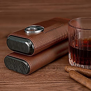 Oyydecor Cigar Case Cigar 3- Finger Carrying Case Set Cedar Wood Lined Leather, Cigar Humidor with Silver Stainless Steel Cutter (Brown)
