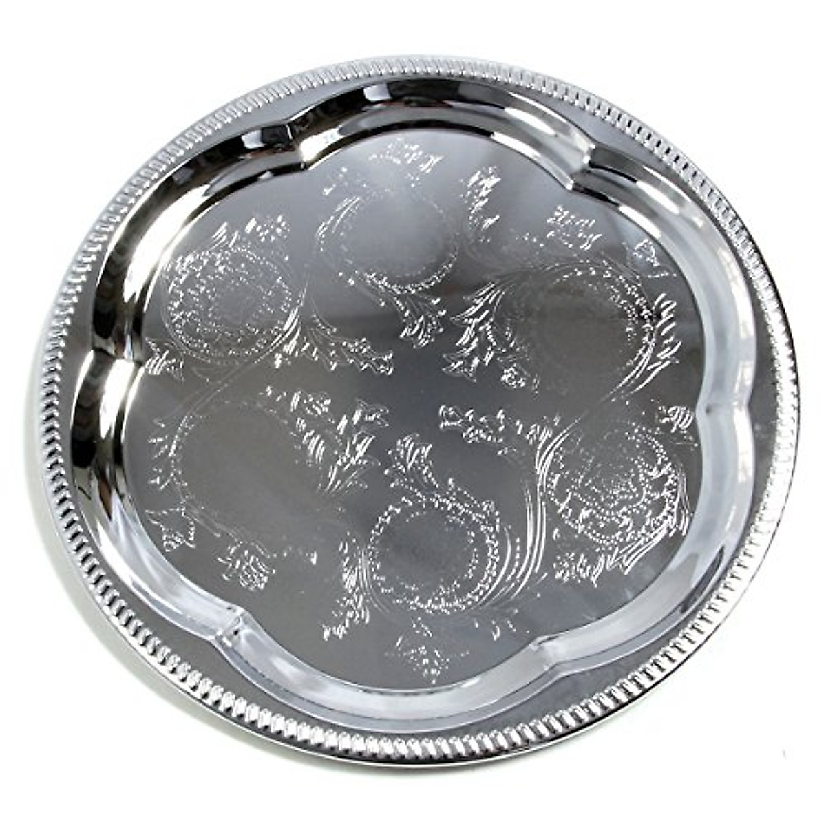 Maro Megastore (Pack of 4) 11.8-Inch Elegant Round Floral Pattern Engraved Catering Chrome Plated Serving Plate Mirror Tray Platter Tableware Decor Holiday Wedding Birthday Party (Small) T226s-4pk
