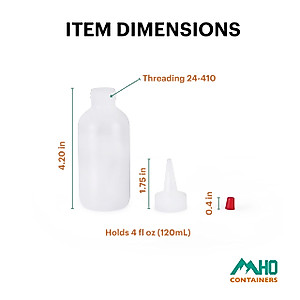 MHO Containers | 4 fl oz LDPE Plastic Boston Round Applicator Bottles with 24m Yorker Red-Tip Caps, Made in the USA - Pack of 6