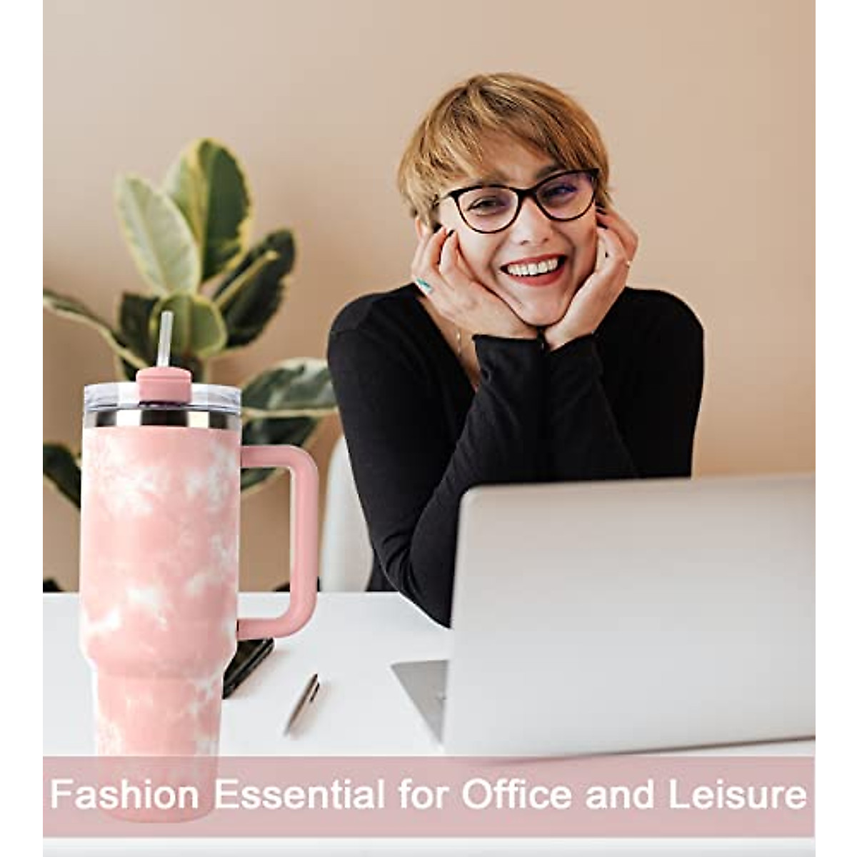 DREAMING MY DREAM 40oz Tumbler with Handle, H2.0 Tumbler Reusable Vacuum, Insulated Tumbler With Lid and Straws, Insulated Cup, Leak Resistant Lid (Tie Dye Pink)