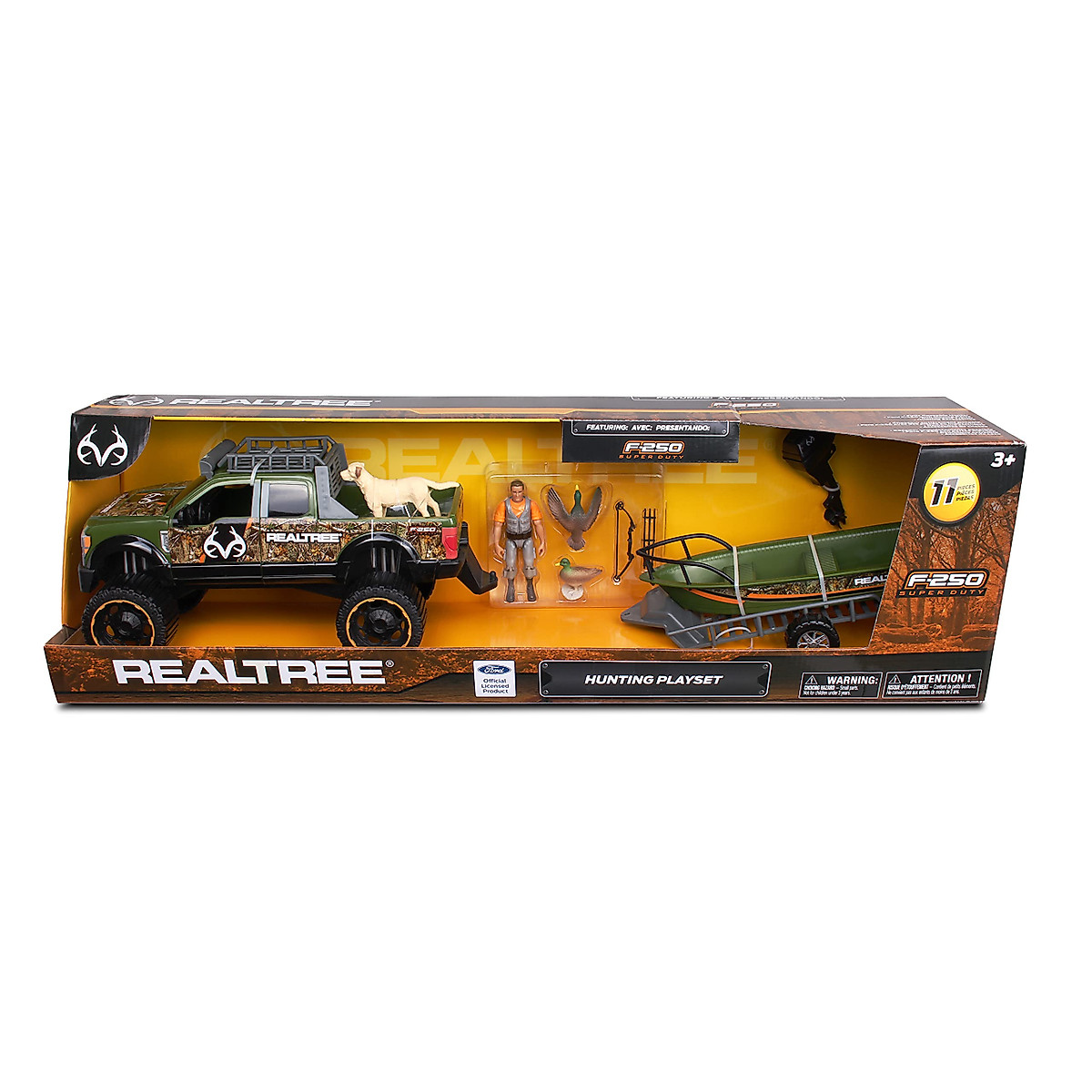 NKOK Realtree Camo 1/18 Scale Free-Wheel Playset 11-PC, Ford F-250 Super Duty w/Fishing Boat & Trailer & Accessories: Roof Rack, Light Bar, Working Doors & Tailgate, Hunter, Dog, 2 Ducks, Bow&Arrows