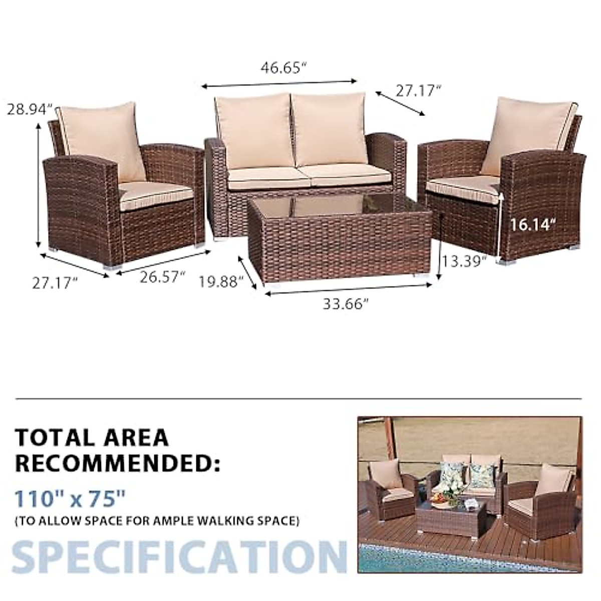 JOIVI Patio Furniture Set, 4 Piece Outdoor Patio Conversation Set, All-Weather PE Rattan Wicker Sectional Patio Sofa Set with Tempered Glass Coffee Table, Brown