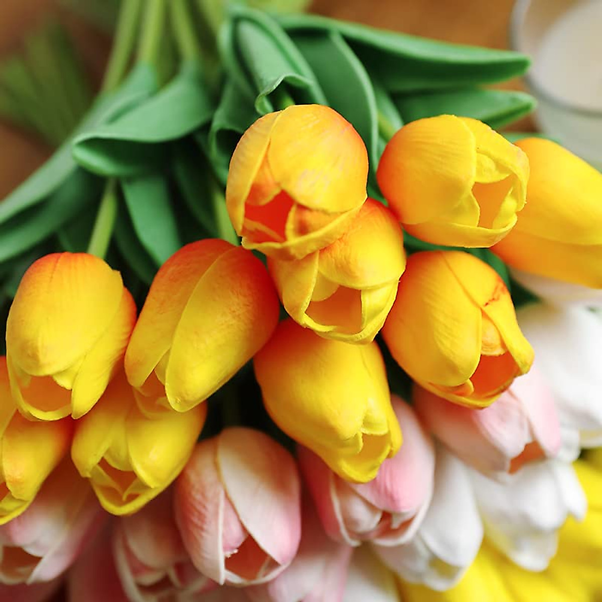 20Pcs Sunset Artificial Tulips Flowers Faux Realistic Tulip Bouquet Real Touch Sunset Flowers for Wedding Party Home Garden Office DIY Floral Arrangement Decor(Sunset)