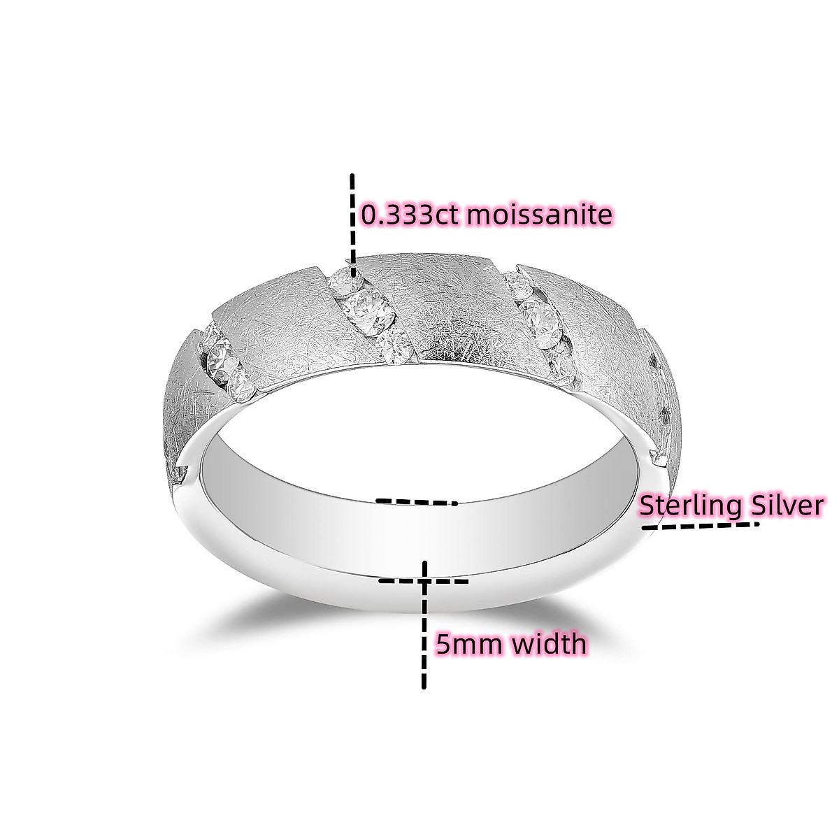 DovEggs Moissanite Wedding Band for Men Women 0. 33ctw 1.5mm G-H-I Color Heart Arrows Cut Moissanite 14K Gold Quality Silver Wedding Engagement Ring Band Width 4.7mm (7)