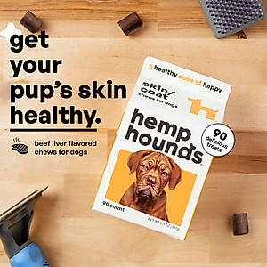 Hemp Hounds - Adaptogenic Skin and Coat Chews for Dogs - 90 Chews - Nutrient Rich Dog Allergy Relief - Omega 3-6-9 - Norwegian Salmon Oil - Collagen - Turmeric - Beef Flavor - Dog Itch Relief