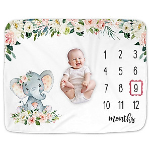 Girl Elephant Baby Monthly Milestone Blanket, Safari Elephant Baby Growth Chart Month Blanket, Watch Me Grow Baby Girl Floral Elephant Nursery Gift for New Moms Baby Shower, Includes Marker (50"x40")