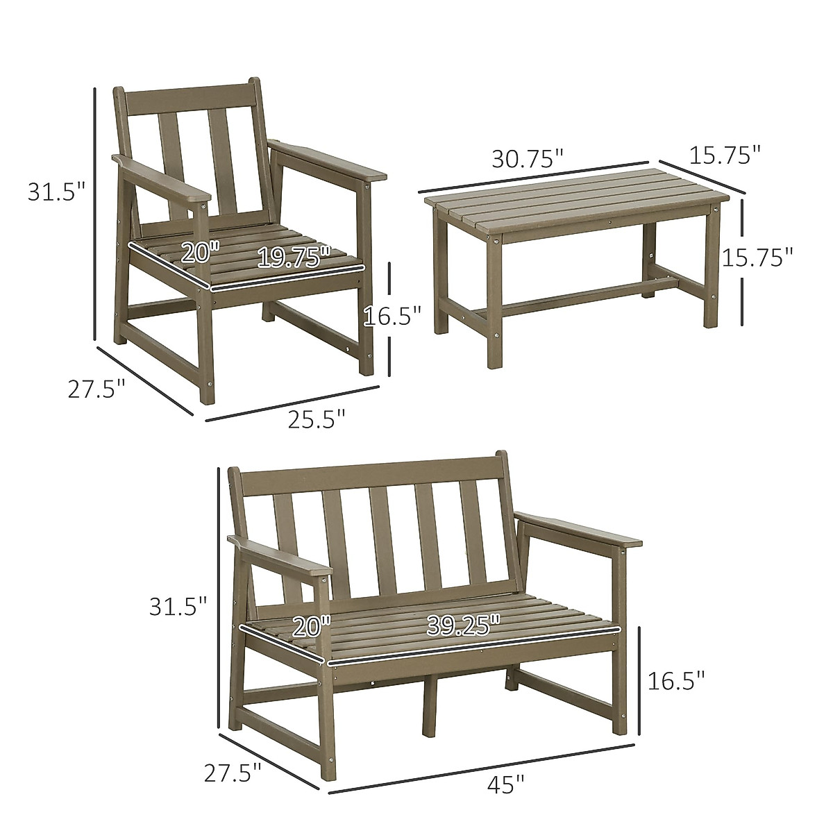 Outsunny 4 Piece Patio Furniture Set with Cushions, HDPE Conversation Sofa Set with Two Chairs, Loveseat, and Slatted Top Coffee Table, Cream White