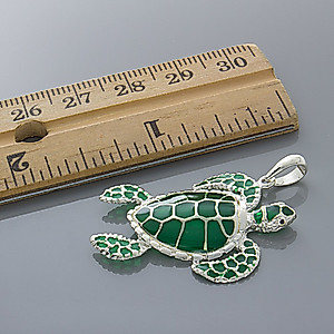 Million Charms 925 Sterling Silver Sea Turtle Charm Necklace Pendant with Chain, Green Stained Glass Enamel