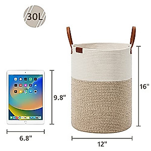 VIPOSCO Small Laundry Basket, Slim Baby Hamper with Leather Handle, Cute Woven Rope Storage Basket for Blanket, Kids Toy, Clothes In Living Room, Bathroom, Bedroom, Nursery Room - 30L White & Brown