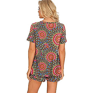 PrinStory Women's Pajama Set Short Sleeve Shirt and Shorts Sleepwear Pjs Sets with Pockets FP-Peacock Blue-Large